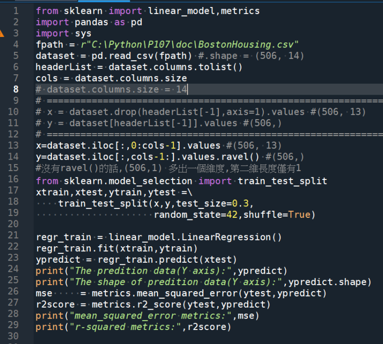 Python機器學習: 線性迴歸, 計算均方誤差 (metrics.mean_squared_error), 判定係數 (metrics.r2_score), 皮爾森積差相關係數 ...