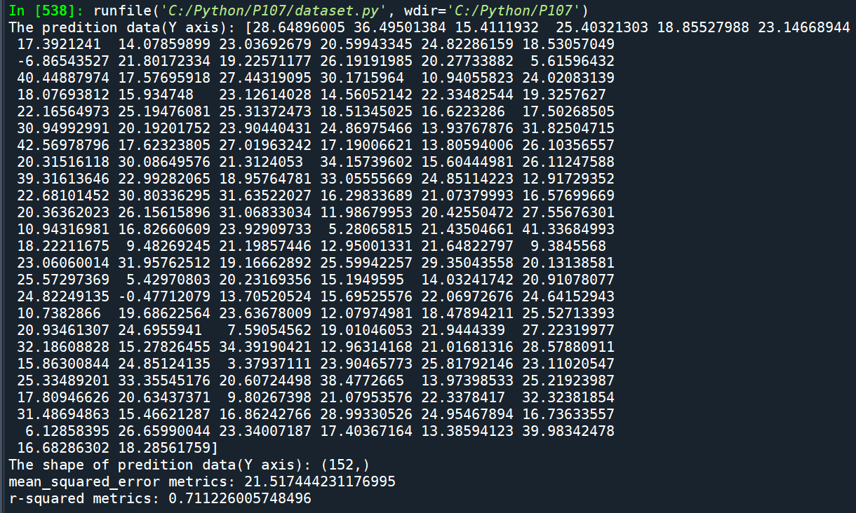 Python機器學習: 線性迴歸, 計算均方誤差 (metrics.mean_squared_error), 判定係數 (metrics.r2 ...