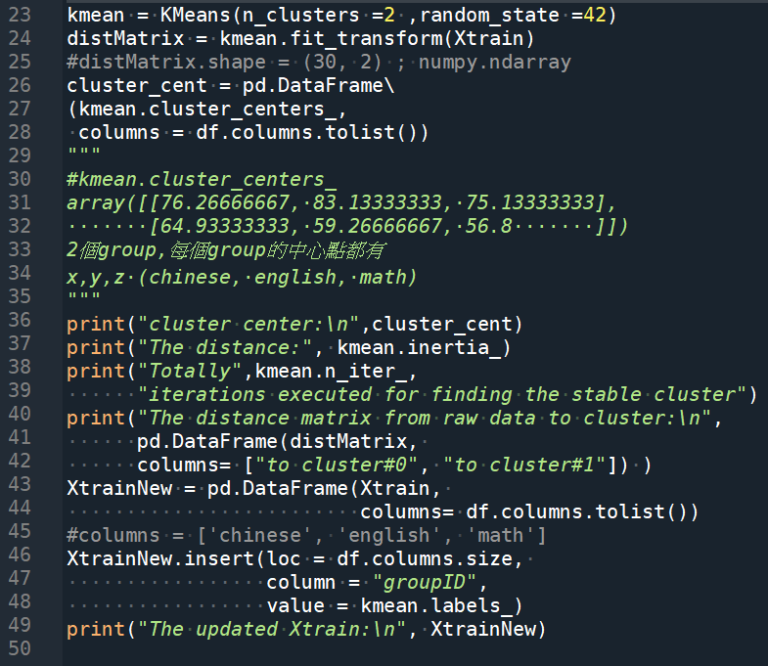 Python 非監督式機器學習: 距離導向聚類法(k-Means 演算法); 使用 scikit-learn ; 學生分群 ; from sklearn.cluster import ...