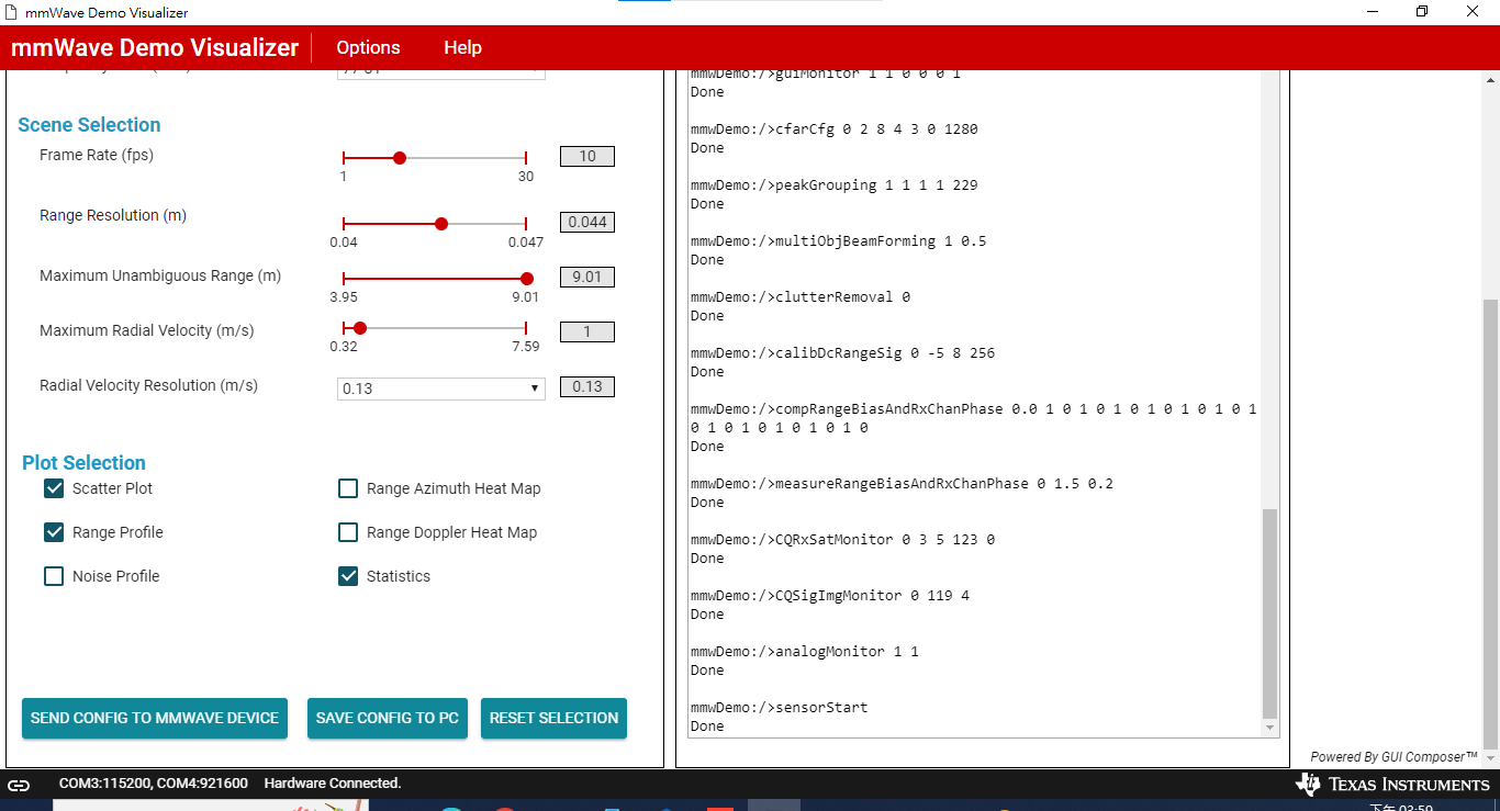 Taxas Instruments TI AWR1443BOOST EVM: mmWave Demo Visualizer 按"SEND ...